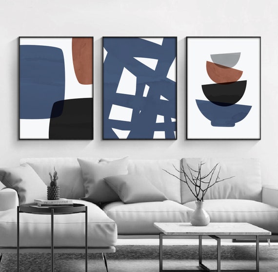 Set of 3 Mid Century Modern Printable Wall Art Navy Brown Gray | Etsy