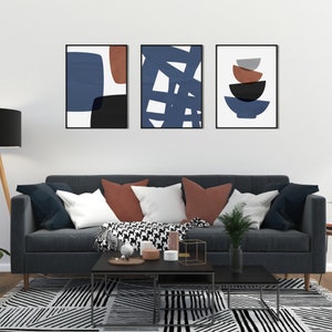 Set of 3 Mid Century Modern Printable Wall Art Navy Brown Gray - Etsy