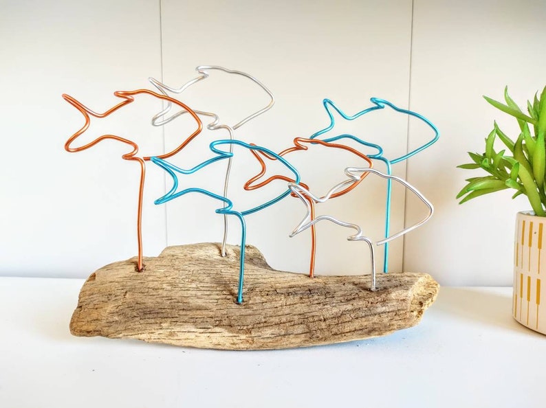Handmade Wire Fish on Driftwood School of Fish Shoal Home - Etsy UK
