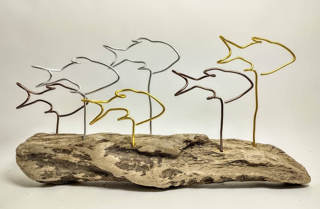 Handmade Wire Fish on Driftwood School of Fish Shoal Home - Etsy UK