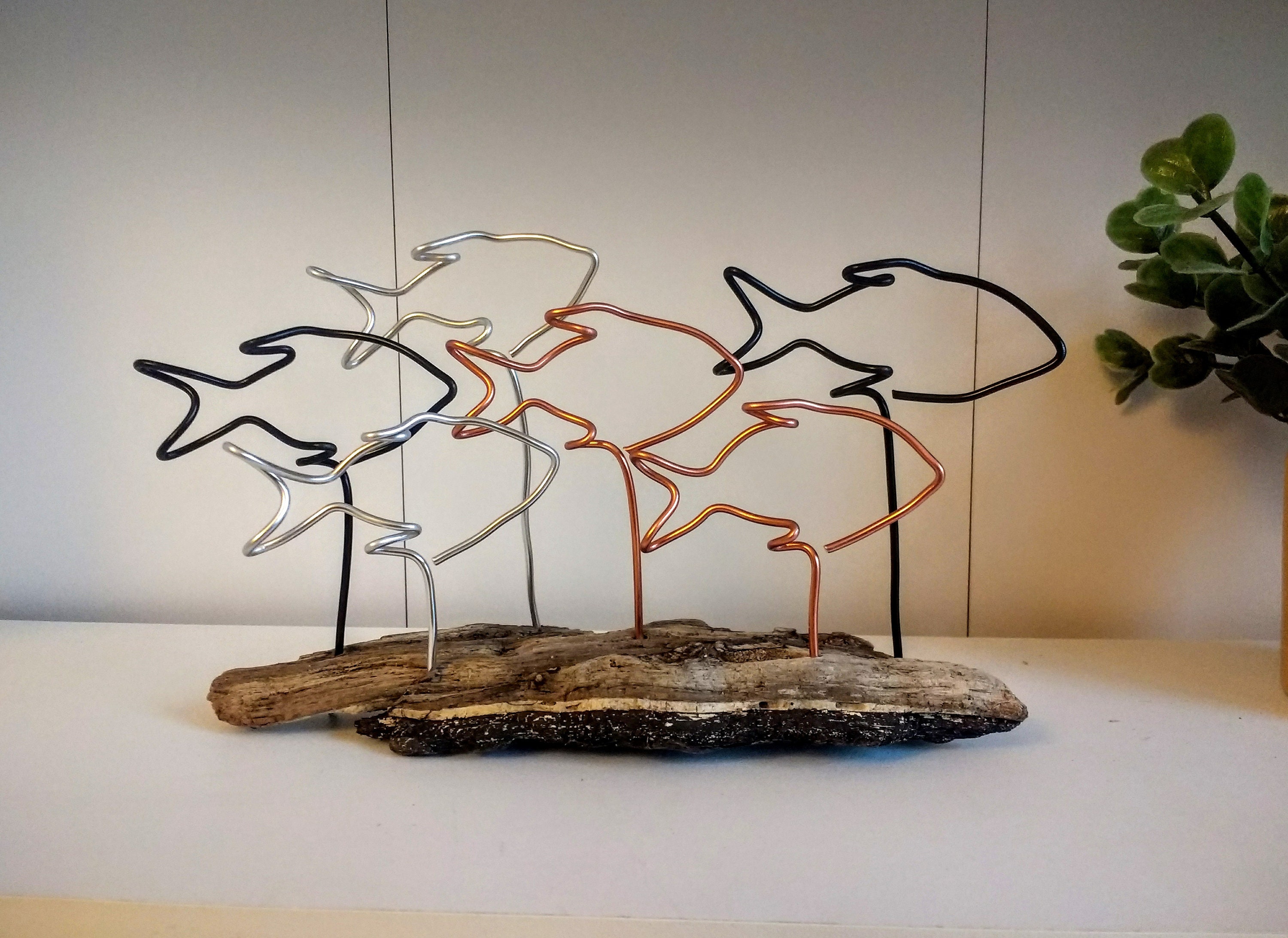 Handmade Wire Fish on Driftwood School of Fish Shoal Home | Etsy