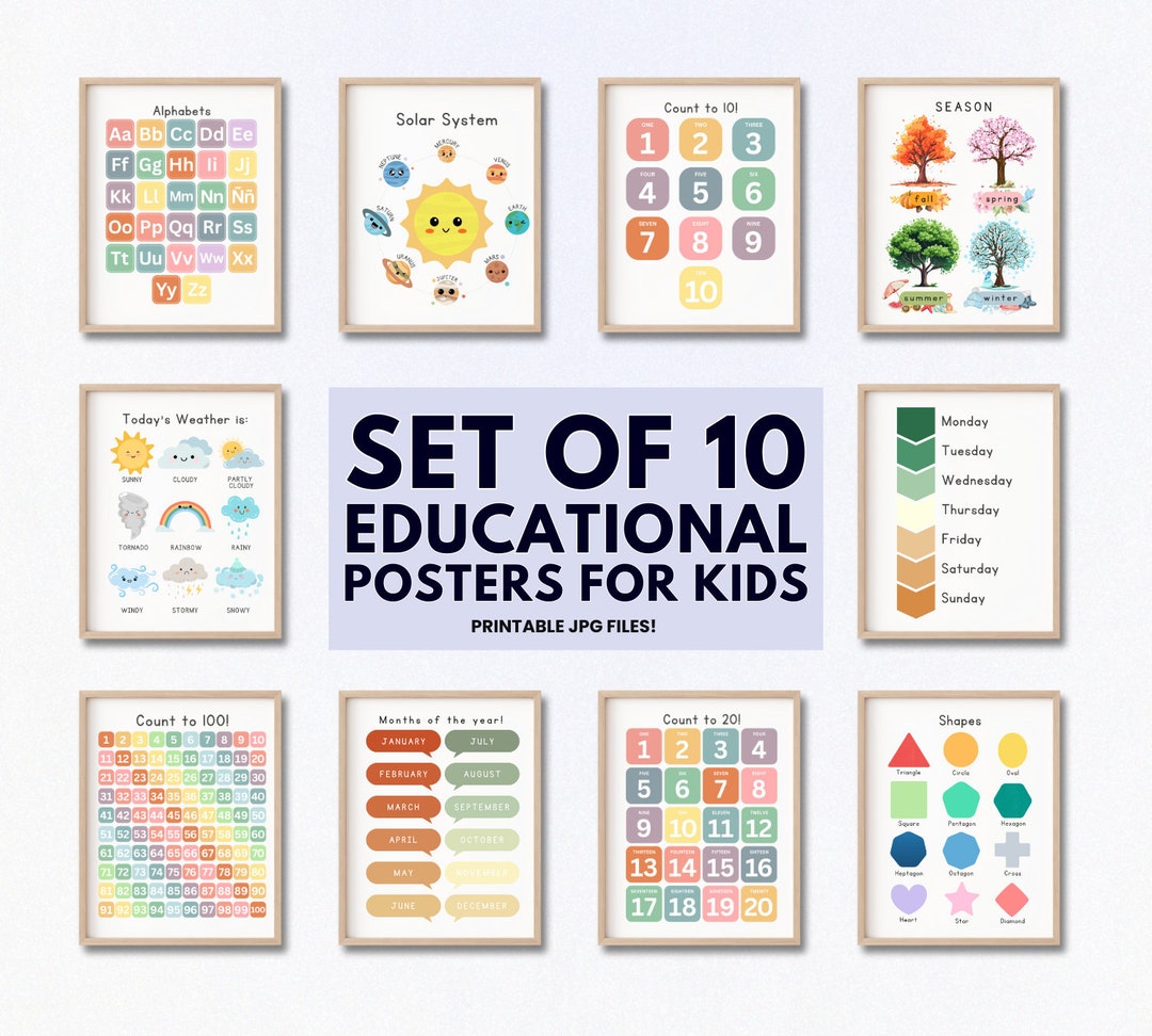 Educational Kids Poster, Set of 10 Classroom Poster Decor, Homeschool ...