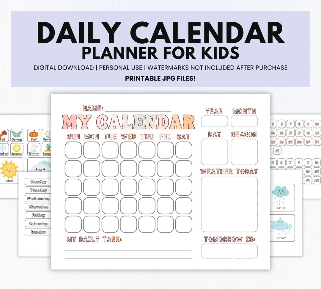 Daily Calendar Printable, My Calendar for Kids, Kids Planner Printable ...