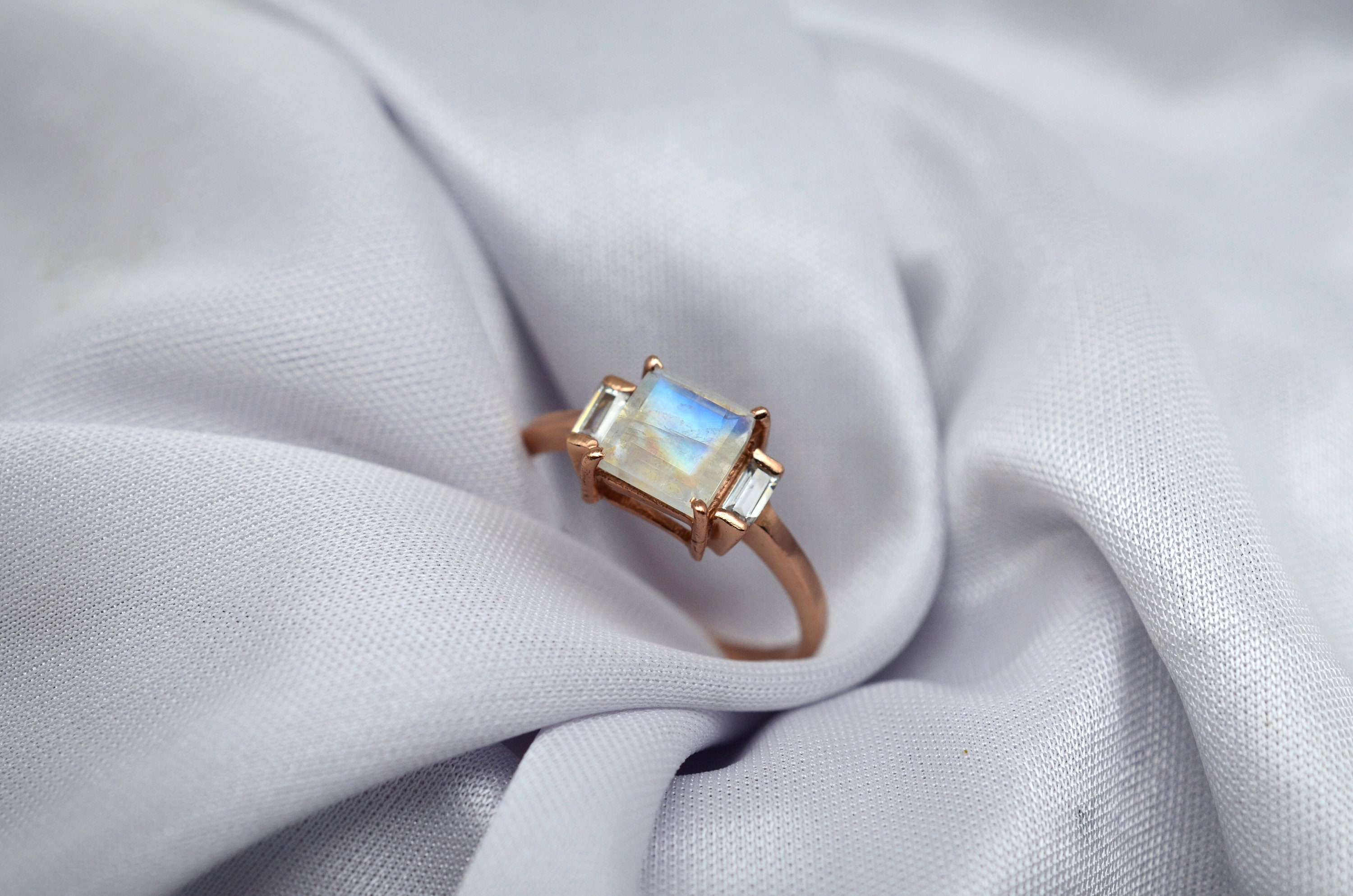 Gold Moonstone Ring Cushion Cut Moonstone Ring Sterling Silver Ring Art ...