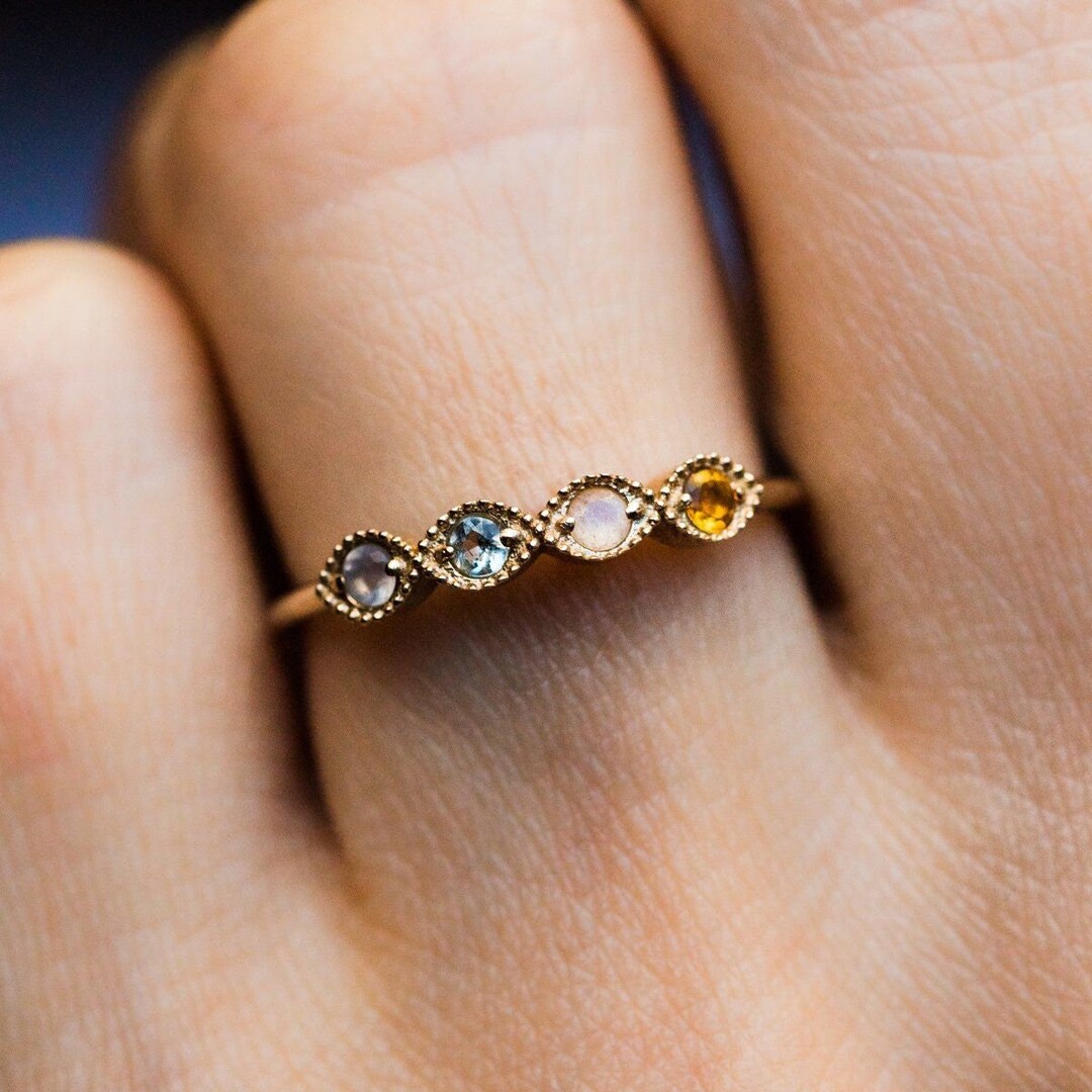 Pastel Earth Fire Water Wind Ring-multi Stone Gold Ring-14k Solid Gold ...
