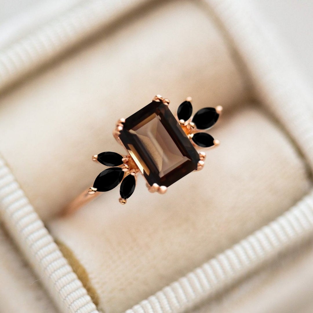 Smoky Quartz & Black Onyx Ring-emerald Cut Smoky Quartz Ring-solitaire ...