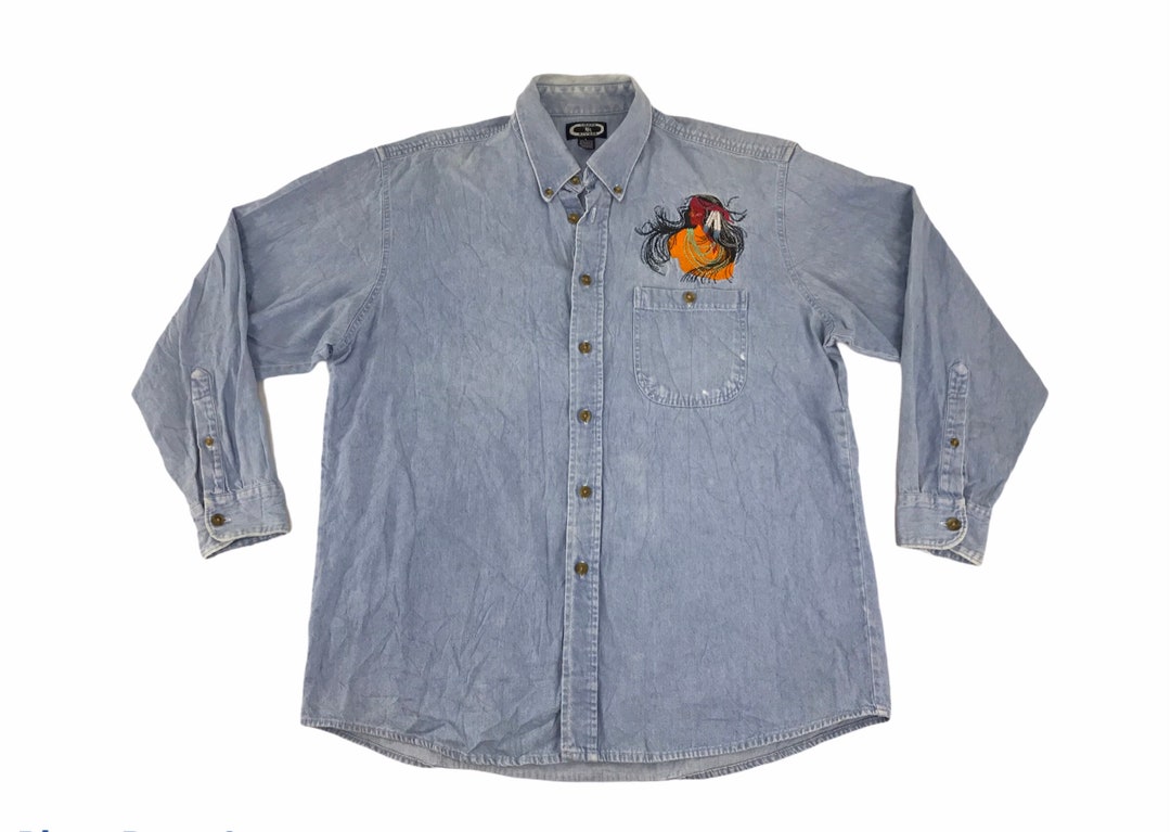 Vintage Three Rivers Embroidery Denime Western Button Down Shirt Design ...