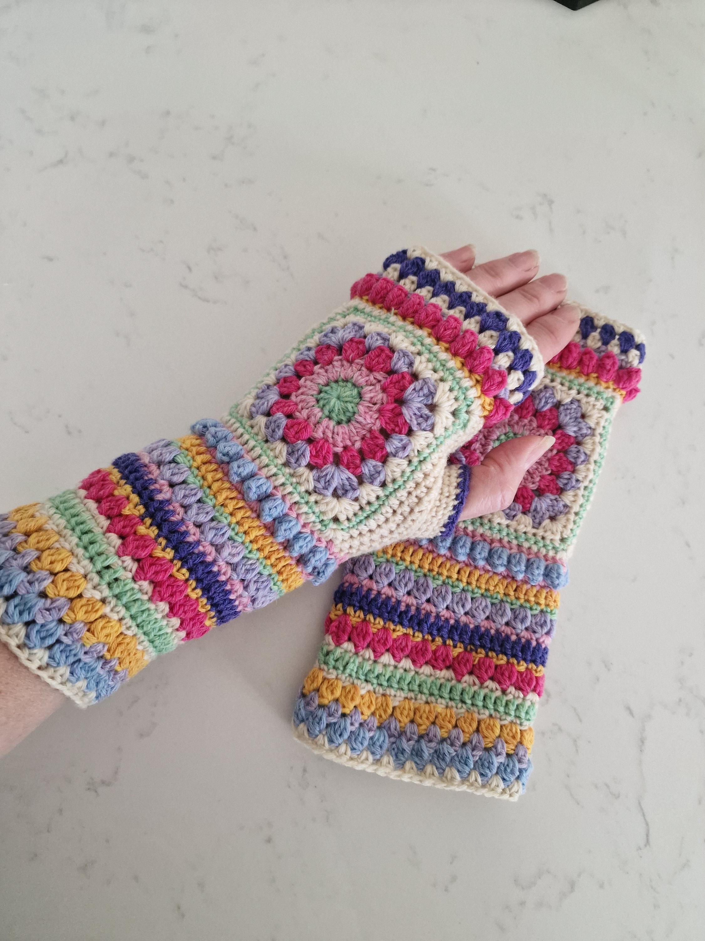 Handmade Crochet Granny Square Fingerless Gloves: Merino Wool Wrist ...