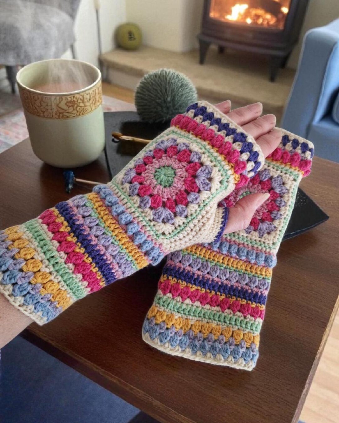 Handmade Crochet Granny Square Fingerless Gloves: Merino Wool Wrist ...