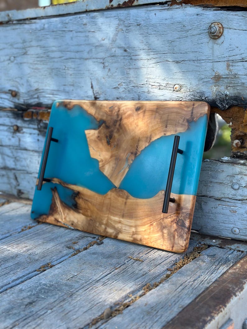 Handcrafted Olive Wood & Epoxy Resin Tray With Black Handles | Large ...