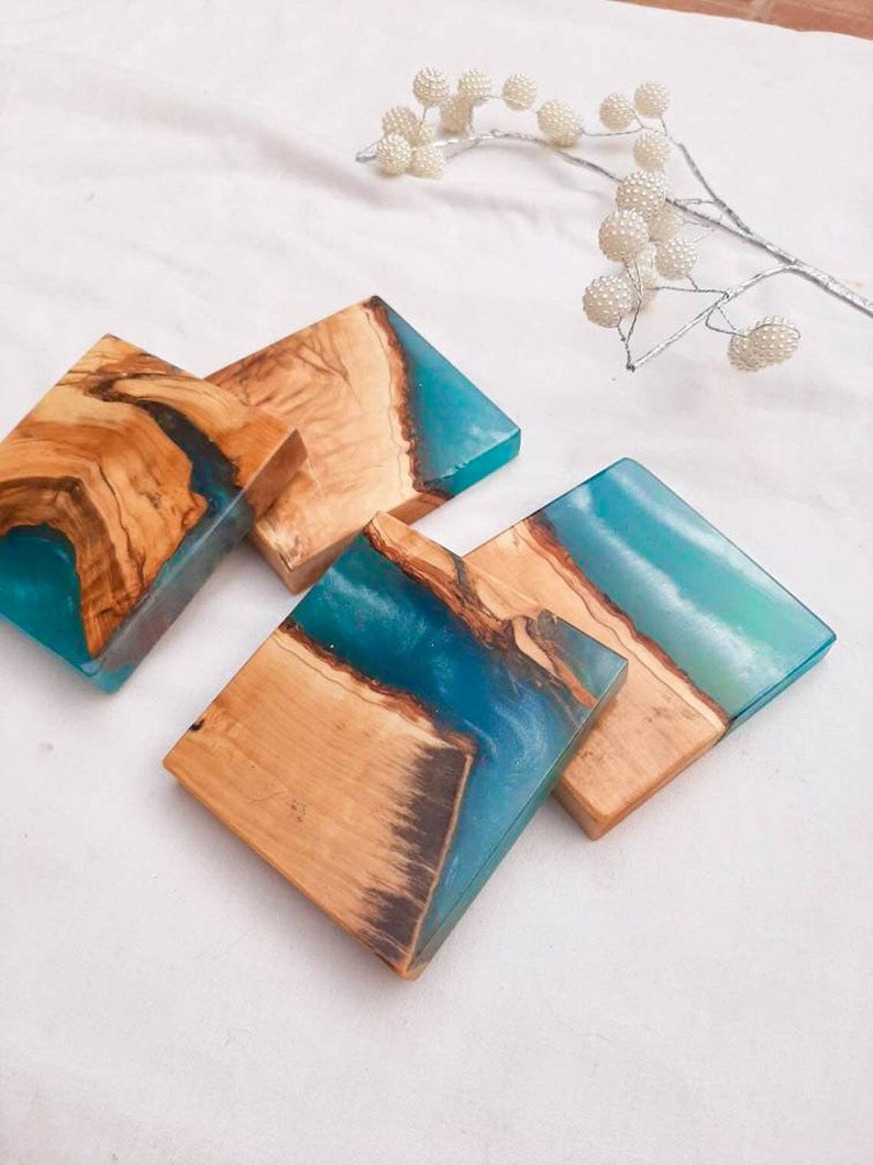 Epoxy Resin Olive Wood Coasters | River Effect Square Coaster Set - Etsy