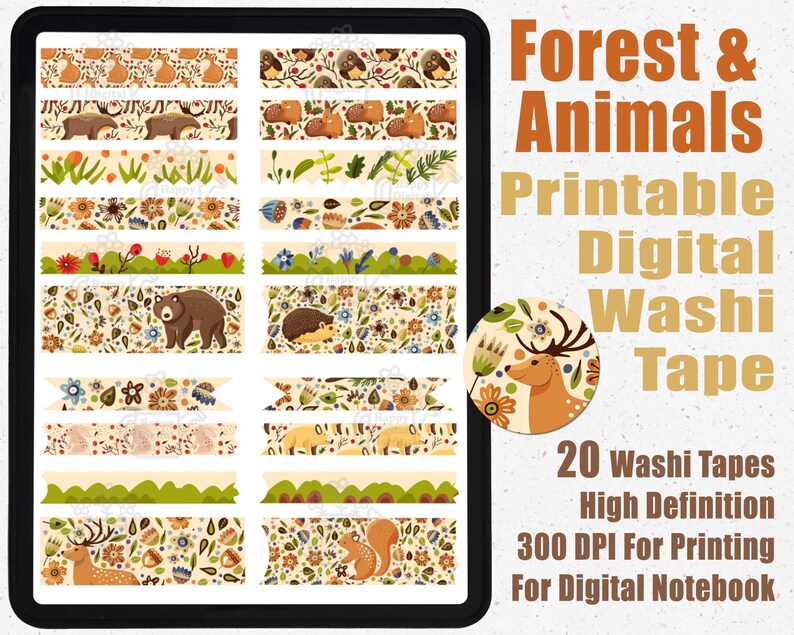 Forest and Animals Digital Washi Tape Stickers | Printable Washi Tape ...