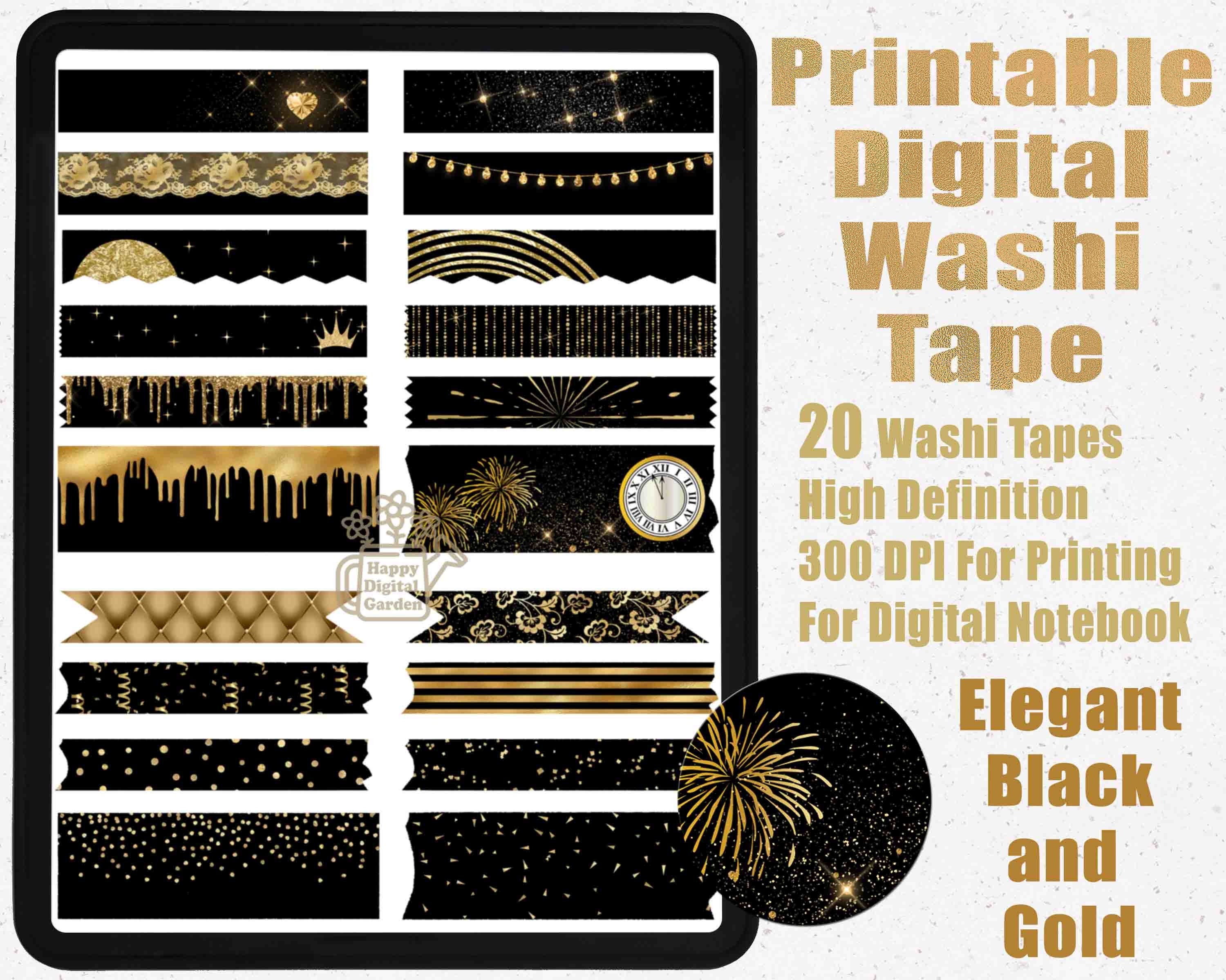 Black and Gold Digital Washi Tape Stickers | Printable Washi Tape ...