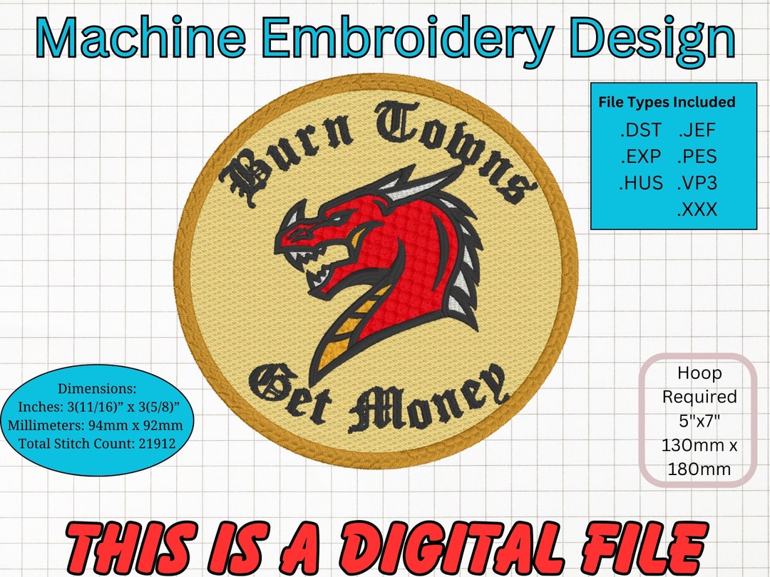 Burn Towns Get Money Dragon, Embroidery Design Machine Embroidery ...