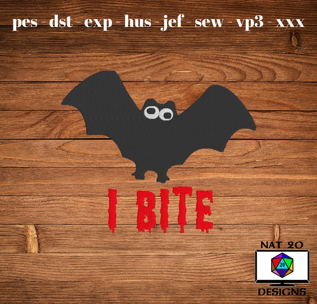 I Bite Cute Derpy Bat Machine Embroidery Design, Bloody Vampire Bat Embroidery, Kawaii Bat Dst ...