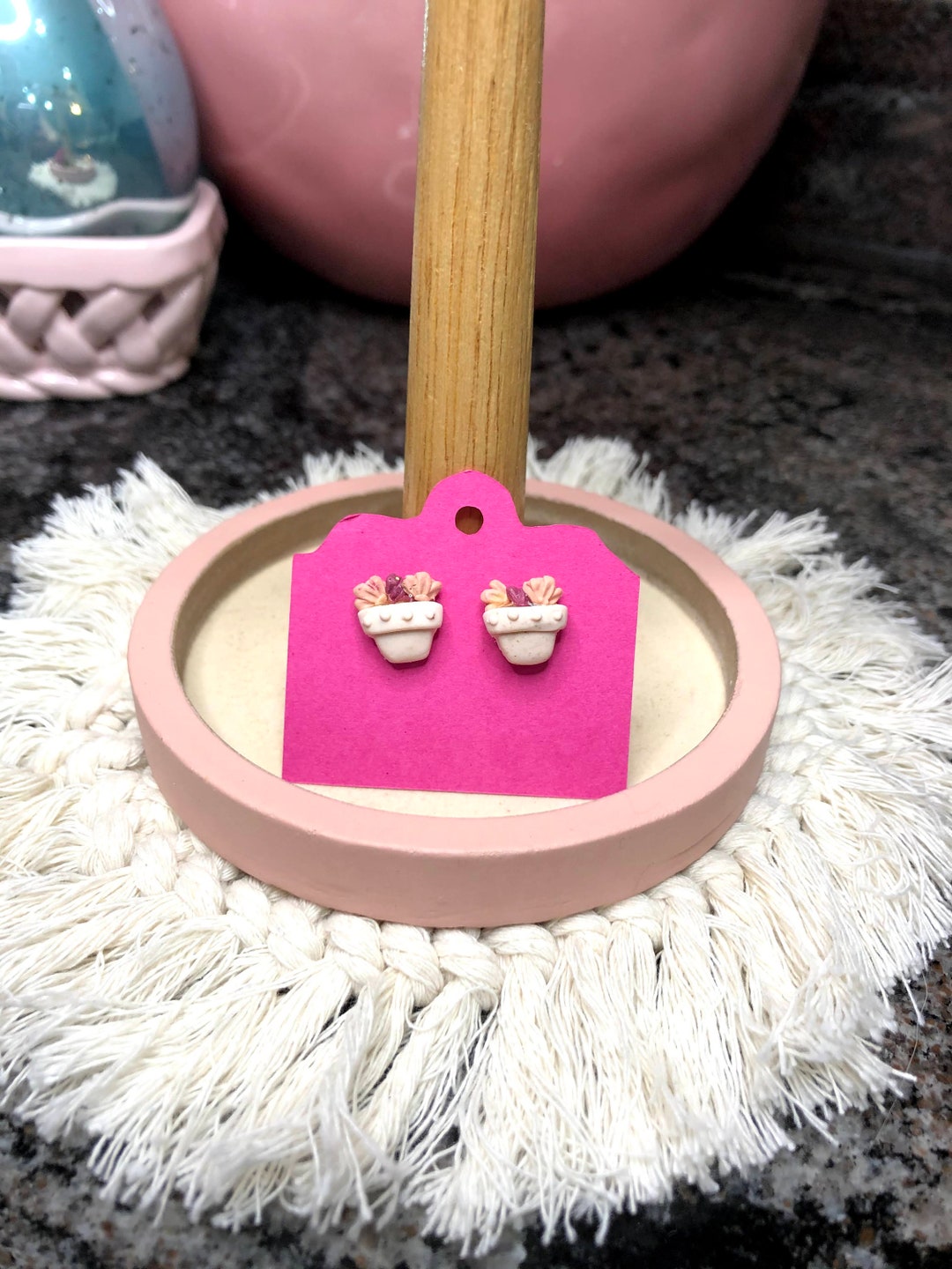 Flower Pot Earrings, Pink, White, Handmade, Polymer Clay, Spring, Stud ...
