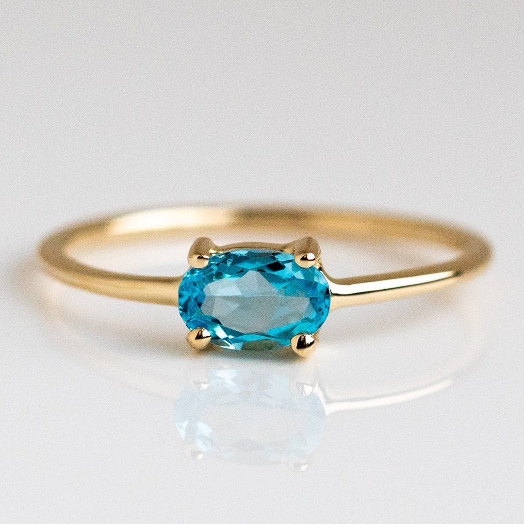 14k Solid Gold Emerald Cut Blue Topaz Ring: November Birthstone Promise ...