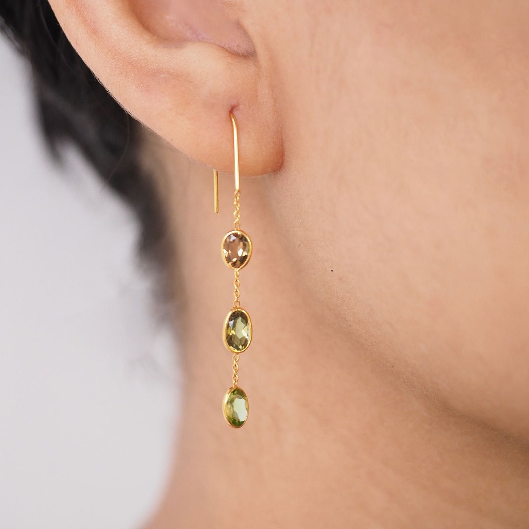 Lemon Quartz Threader 14K Solid Earrings/thread With Round Link Chain ...