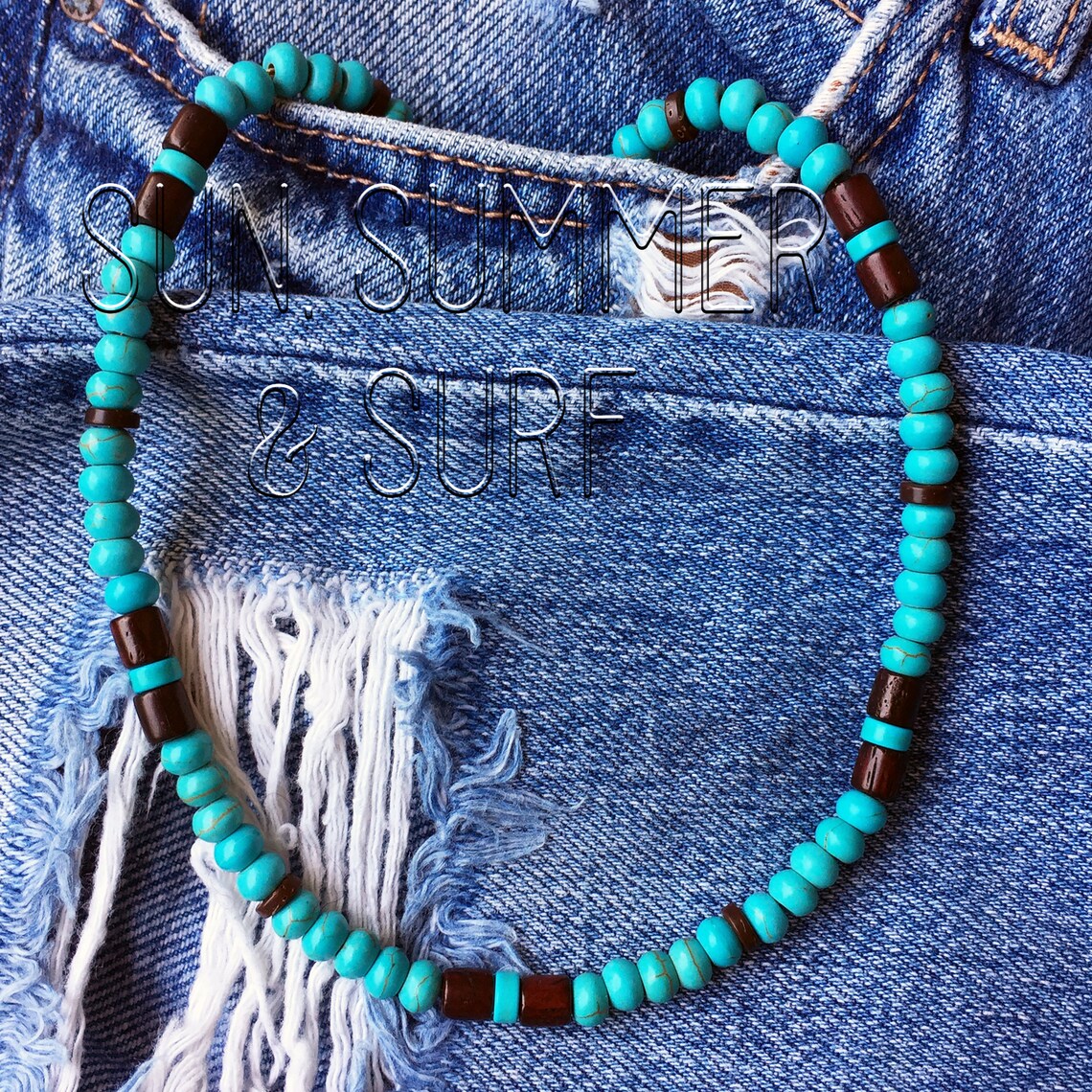 Surfer Style Necklace - Turquoise Stone Necklace - Mens Beaded Necklace ...