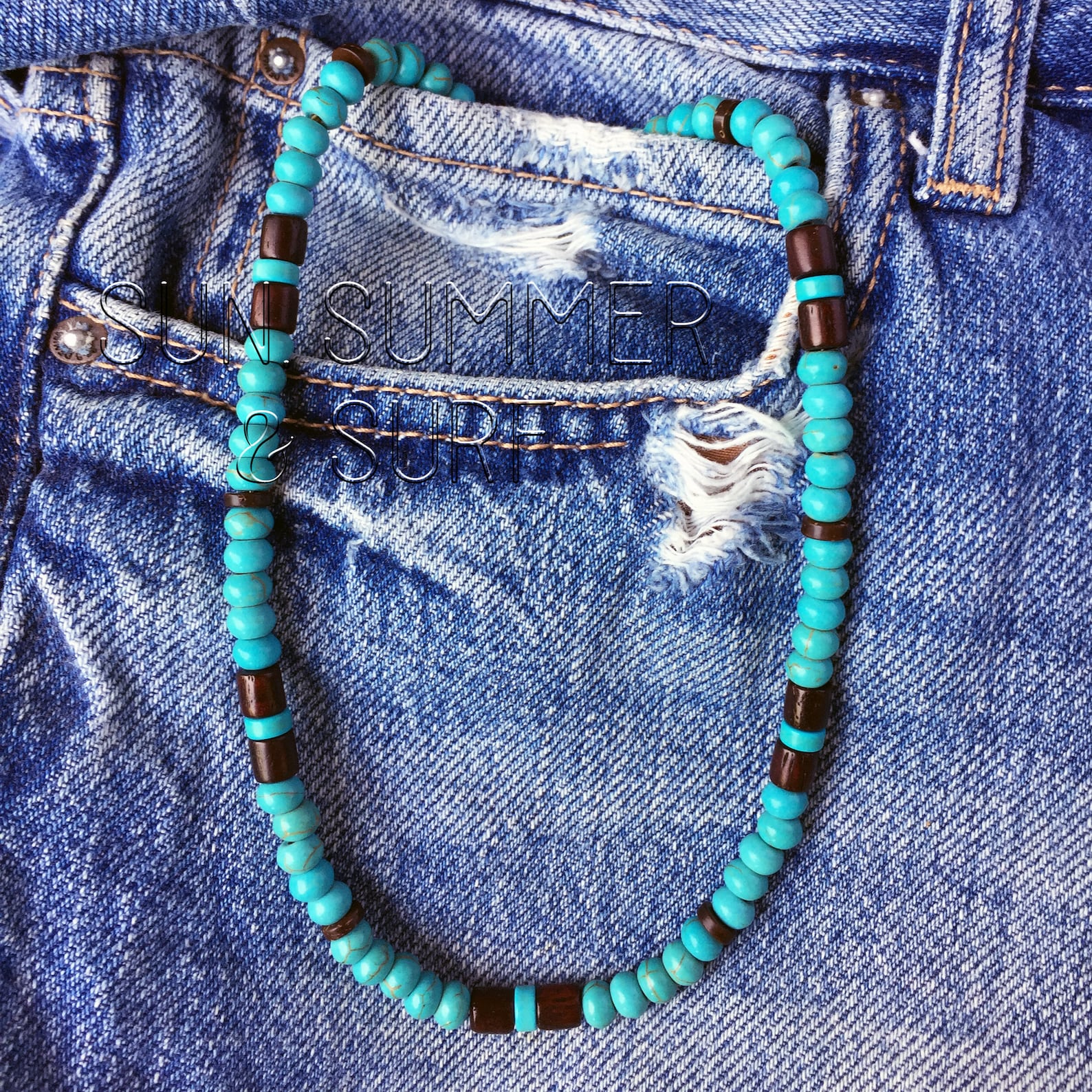 Surfer Style Necklace - Turquoise Stone Necklace - Mens Beaded Necklace ...