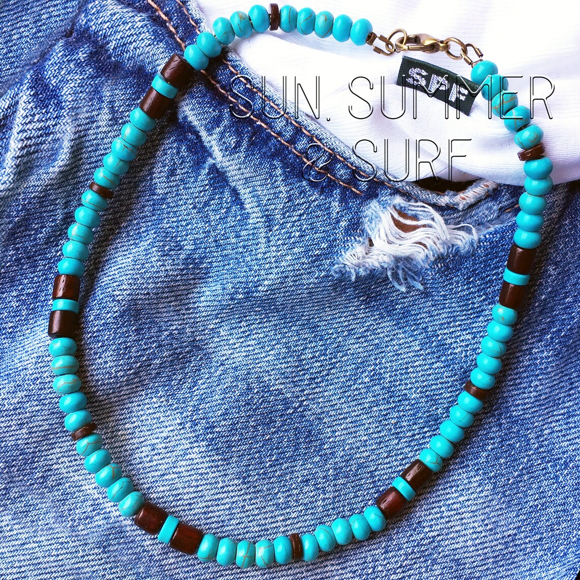 Surfer Style Necklace - Turquoise Stone Necklace - Mens Beaded Necklace ...