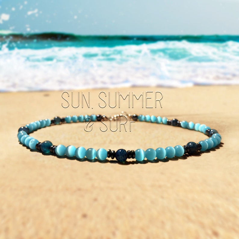 Surfer Necklace - Mens Bead Necklace - Blue Cat Eye Stone Necklace ...