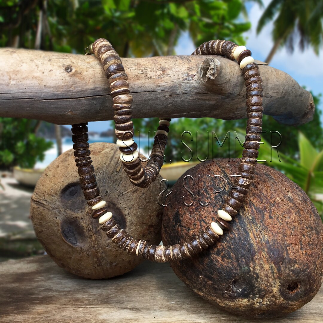 Surfer Style Necklace - Coconut Necklace - Mens Bead Necklace - Wood ...