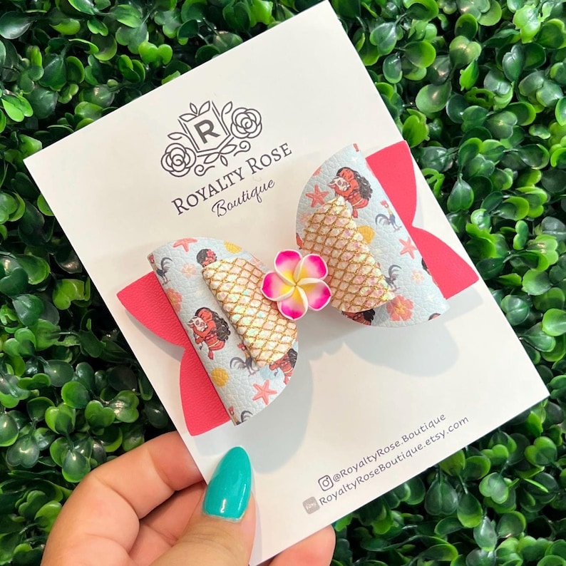 Moana Inspired Chunky Glitter Hair Bow, Pink Hawaiian Plumeria Pigtails ...