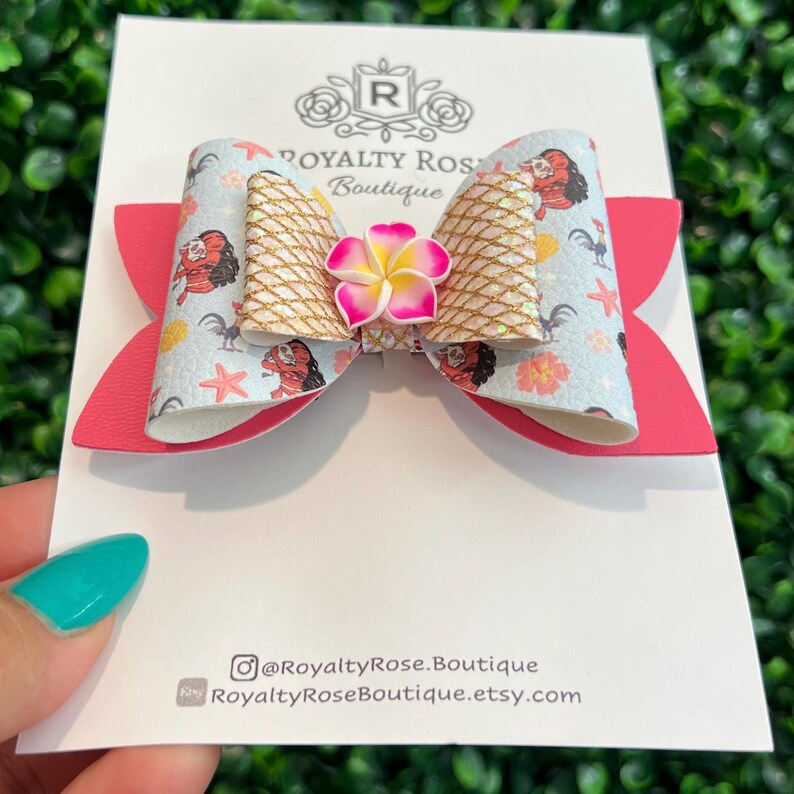 Moana Inspired Chunky Glitter Hair Bow, Pink Hawaiian Plumeria Pigtails ...