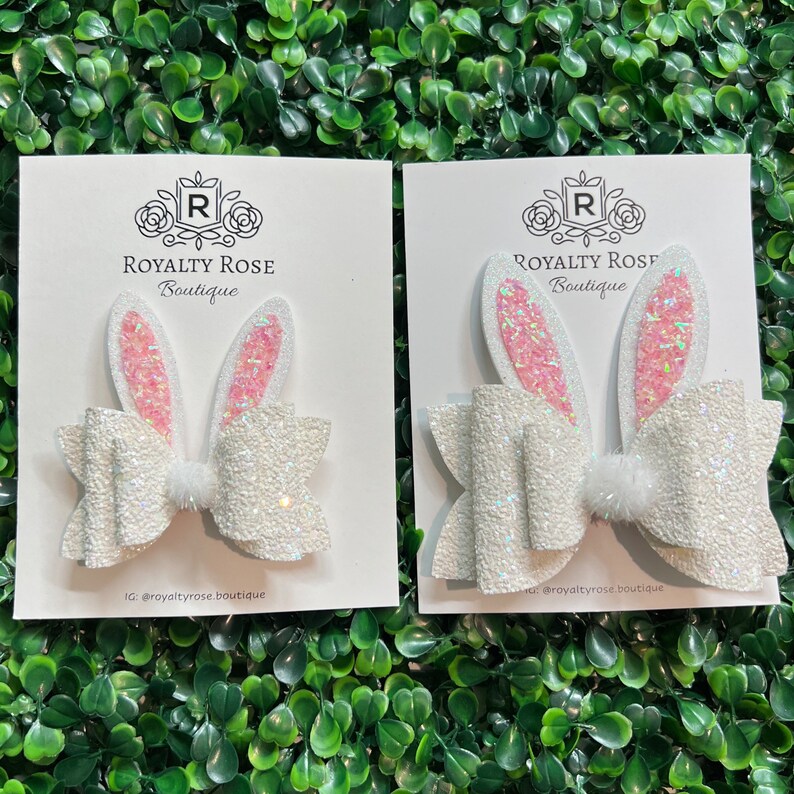 White Glitter Spring Easter Bunny Ears Hair Bow Easter Bunny - Etsy