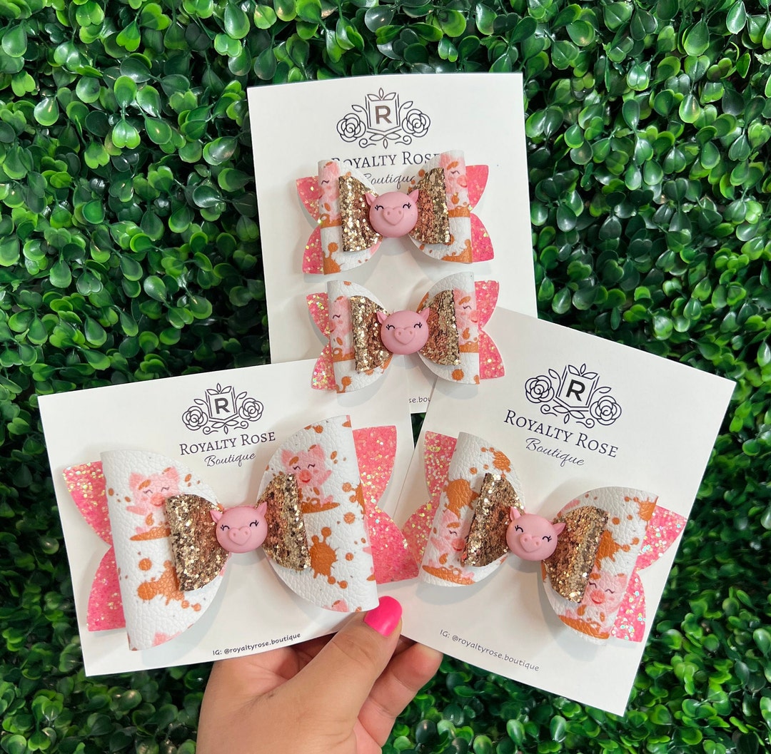 Pink Pig Chunky Glitter Hair Bow, Pig Pigtails, Pig Faux Leather ...