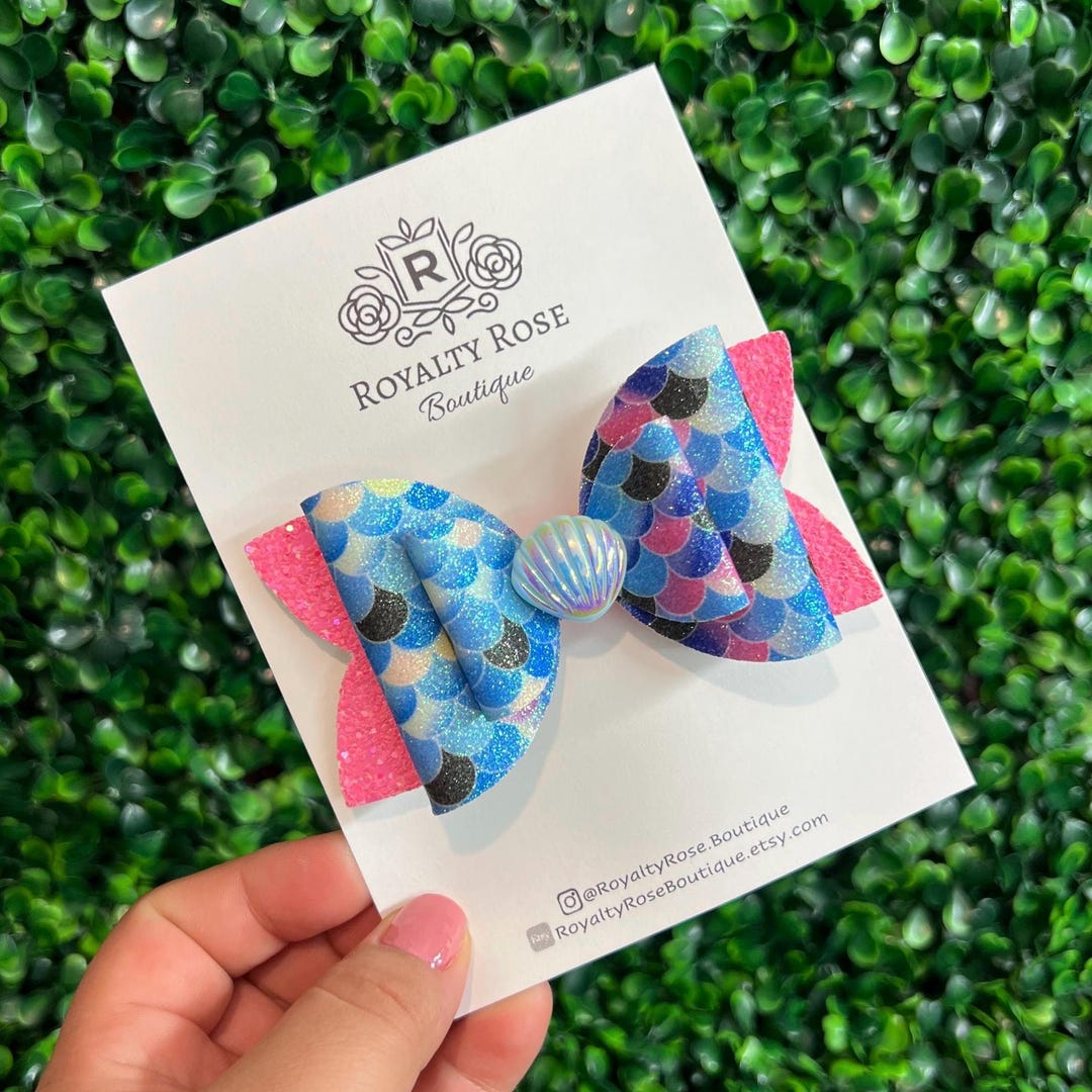 Blue & Pink Glitter Mermaid Faux Leather Hair Bow, Blue Mermaid Bow ...