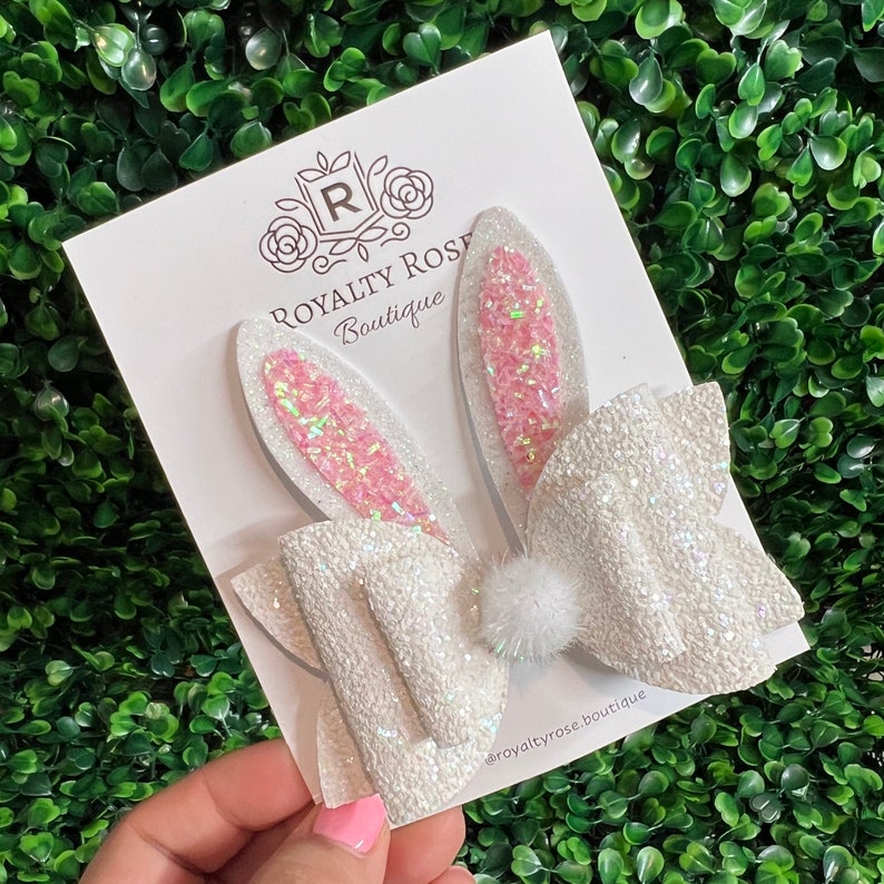 White Glitter Spring Easter Bunny Ears Hair Bow Easter Bunny - Etsy