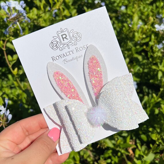White Glitter Spring Easter Bunny Ears Hair Bow Easter Bunny | Etsy