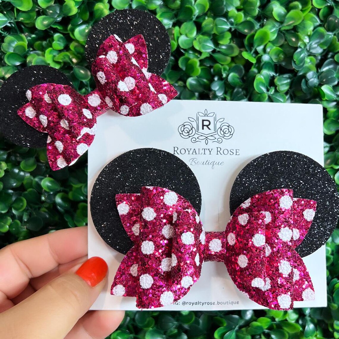 Hot Pink Polka Dot Minnie Bow Ears Clip, Fushia Mouse Ears Clip, Mouse ...
