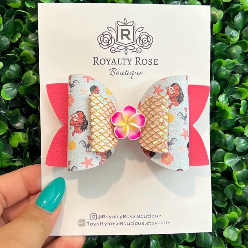 Moana Inspired Chunky Glitter Hair Bow, Pink Hawaiian Plumeria Pigtails ...