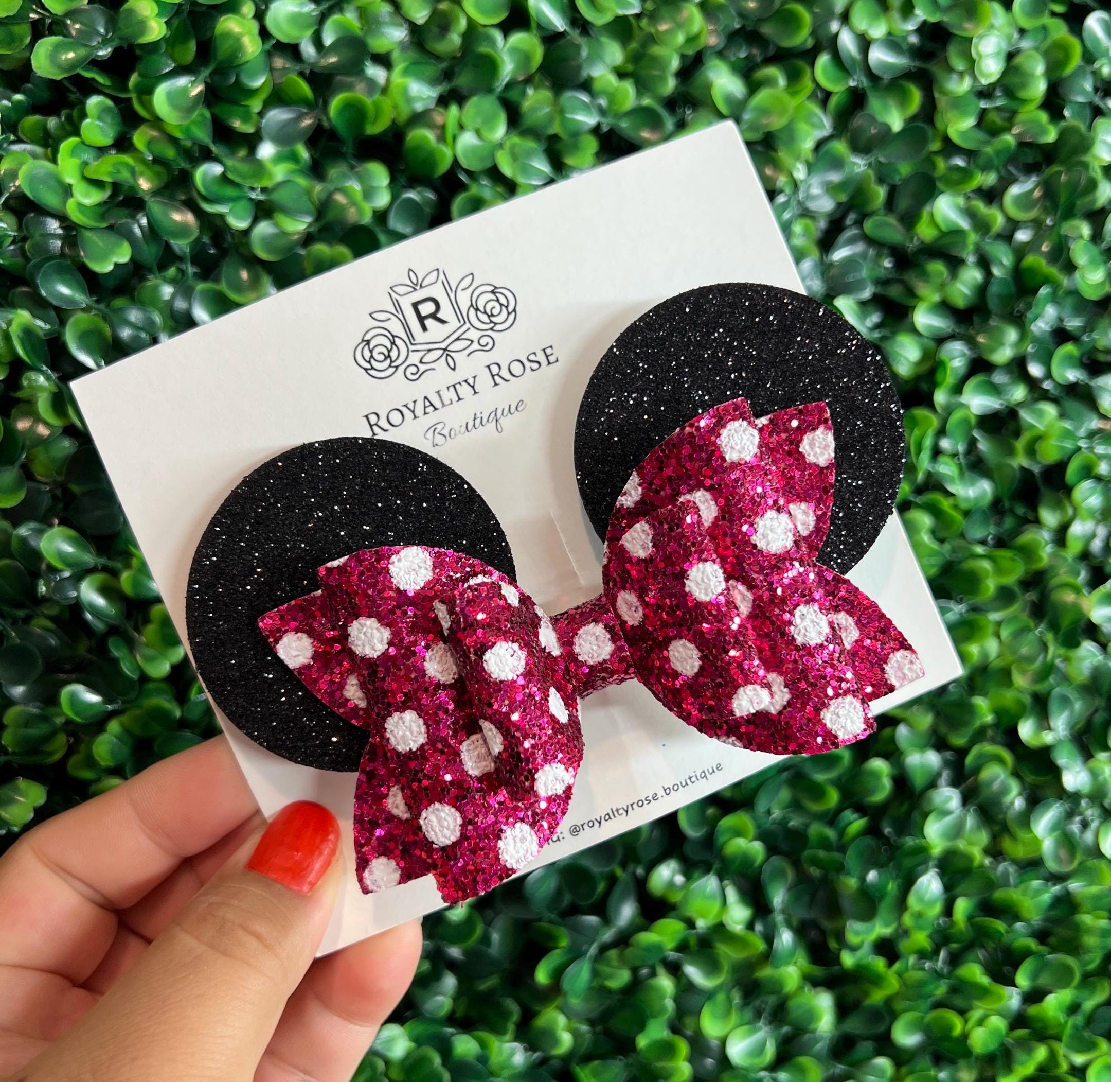 Hot Pink Polka Dot Minnie Bow Ears Clip, Fushia Mouse Ears Clip, Mouse ...