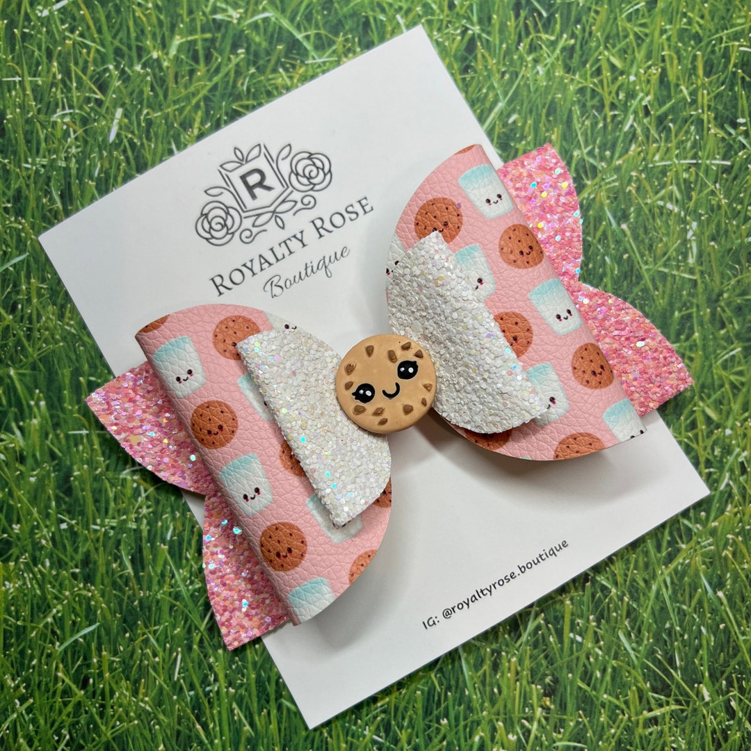 Milk and Cookies Faux Leather Glitter Hair Bow, Pink Cookies Glitter ...