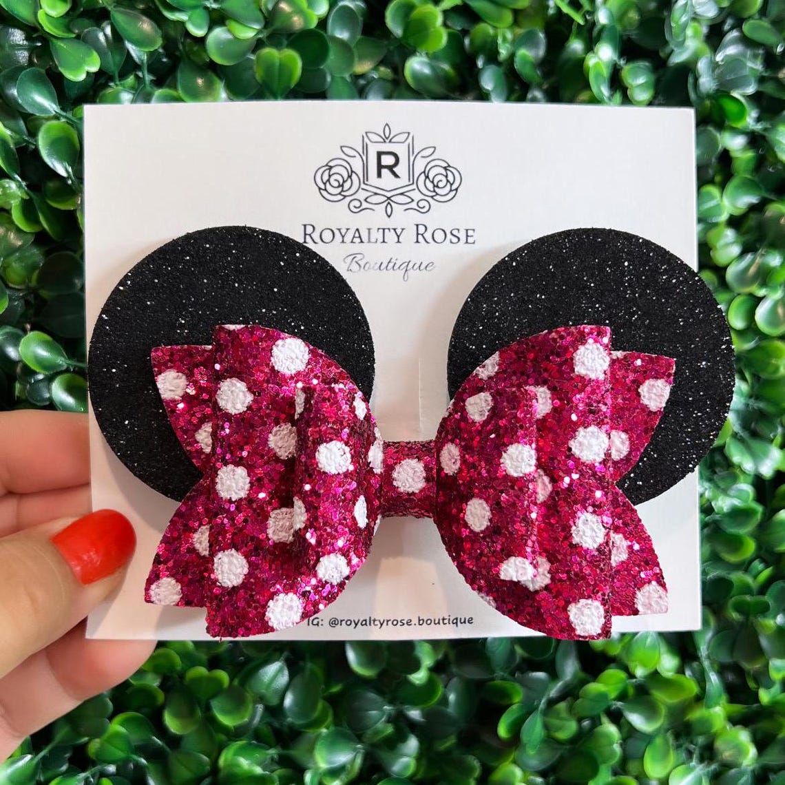 Hot Pink Polka Dot Minnie Bow Ears Clip, Fushia Mouse Ears Clip, Mouse ...