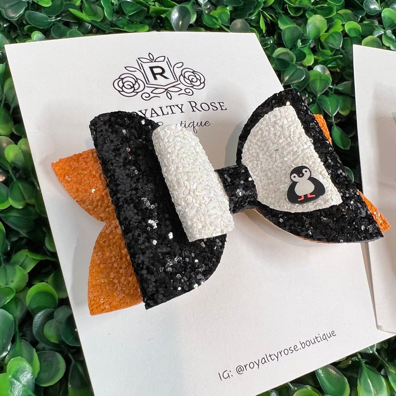 Penguin Chunky Glitter Hair Bow, Black and White Penguin Pigtails ...