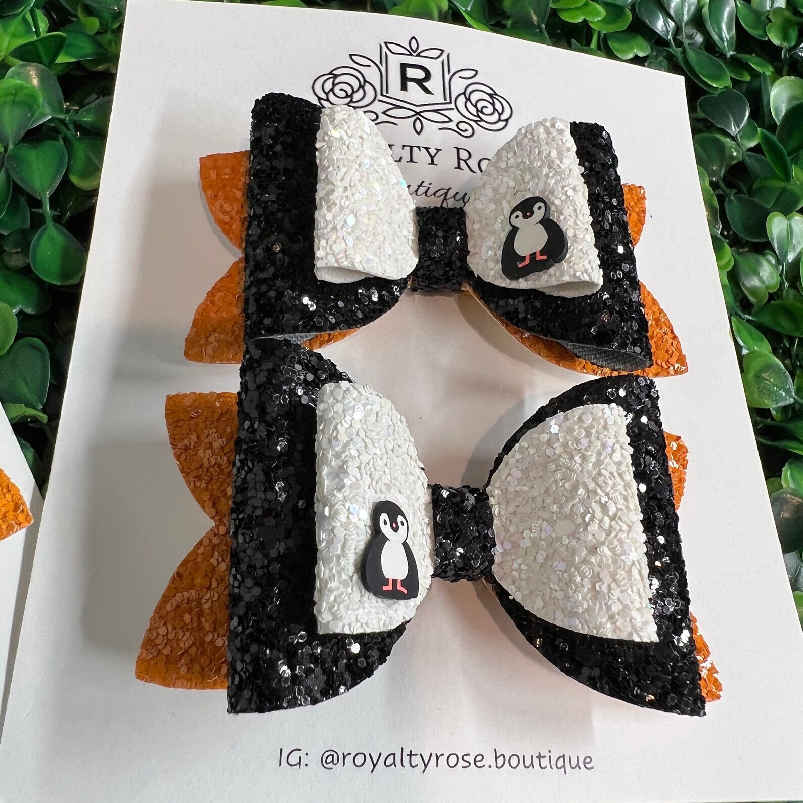 Penguin Chunky Glitter Hair Bow, Black and White Penguin Pigtails ...
