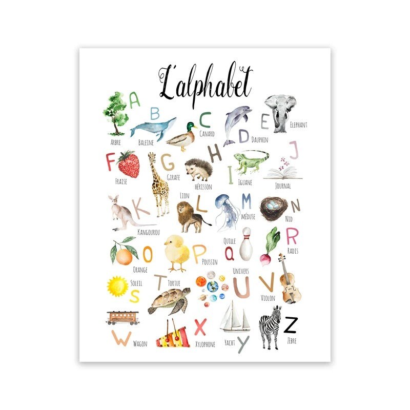 English French Bilingual Alphabet Poster Prints Nursery Wall Decor ABC ...