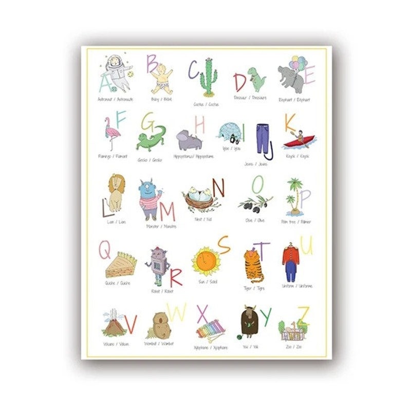 English French Bilingual Alphabet Poster Prints Nursery Wall Decor ABC ...