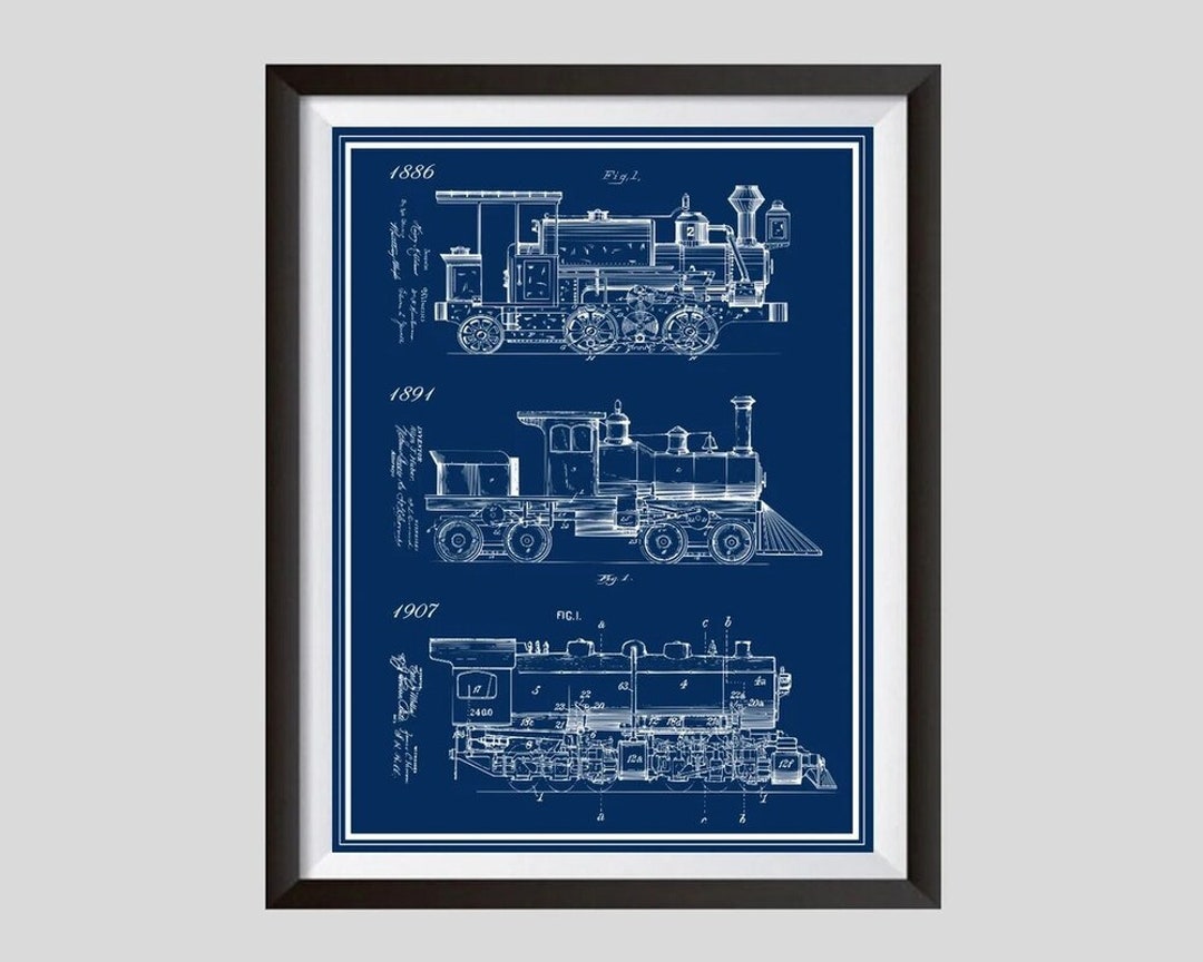 Retro Locomotive Train Art Blueprint Poster Kids Birthday Steam Engine ...