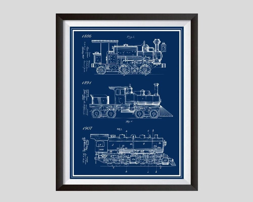 Retro Locomotive Train Art Blueprint Poster Kids Birthday Steam Engine ...