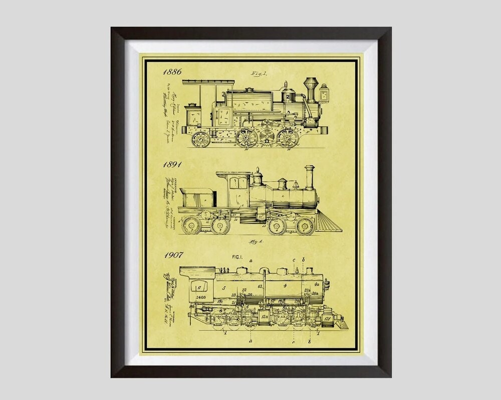 Retro Locomotive Train Art Blueprint Poster Kids Birthday Steam Engine ...