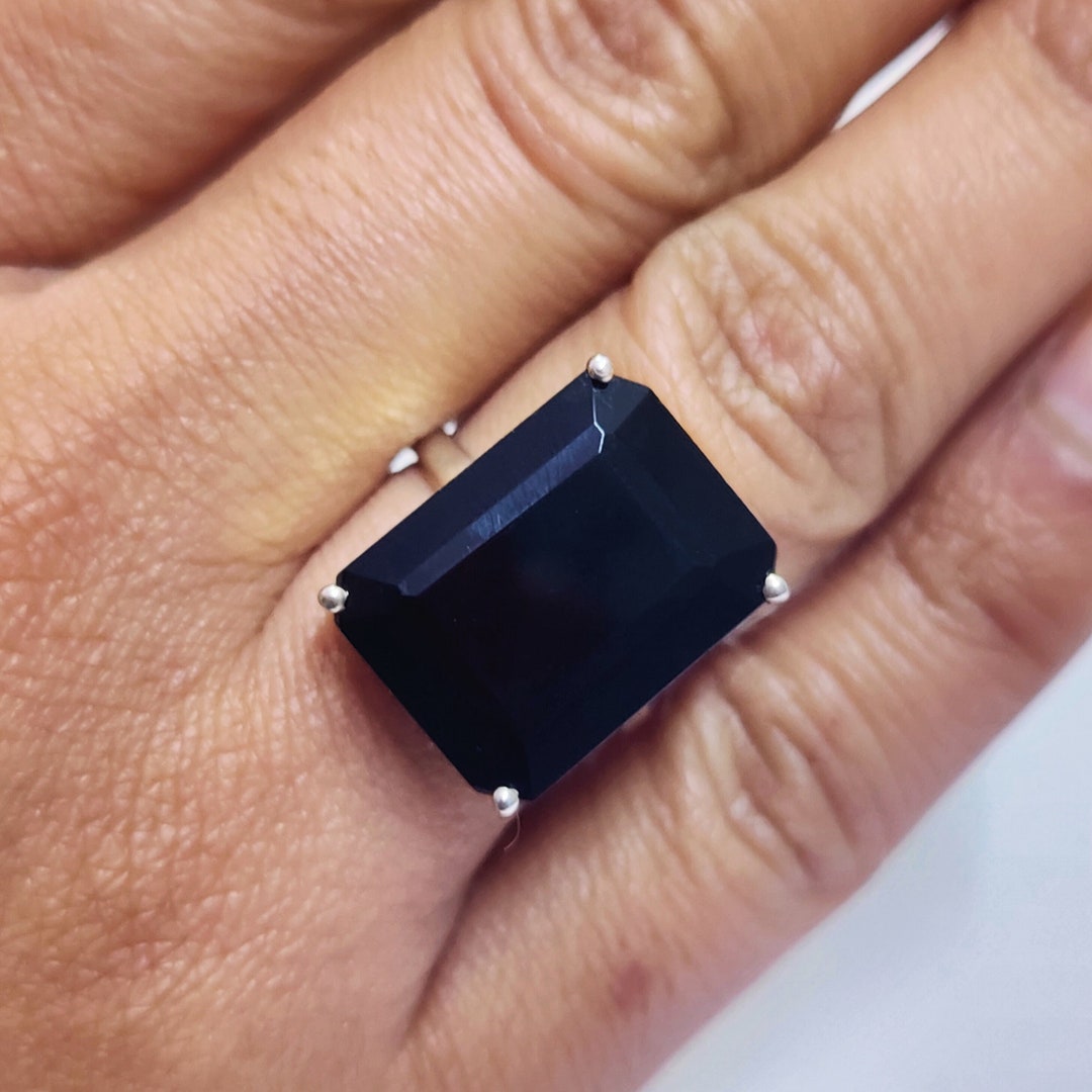 Rectangular Black Onyx Ring · Emerald Cut Gemstone Ring · Birthstone Ring · Silver Black Onyx ...