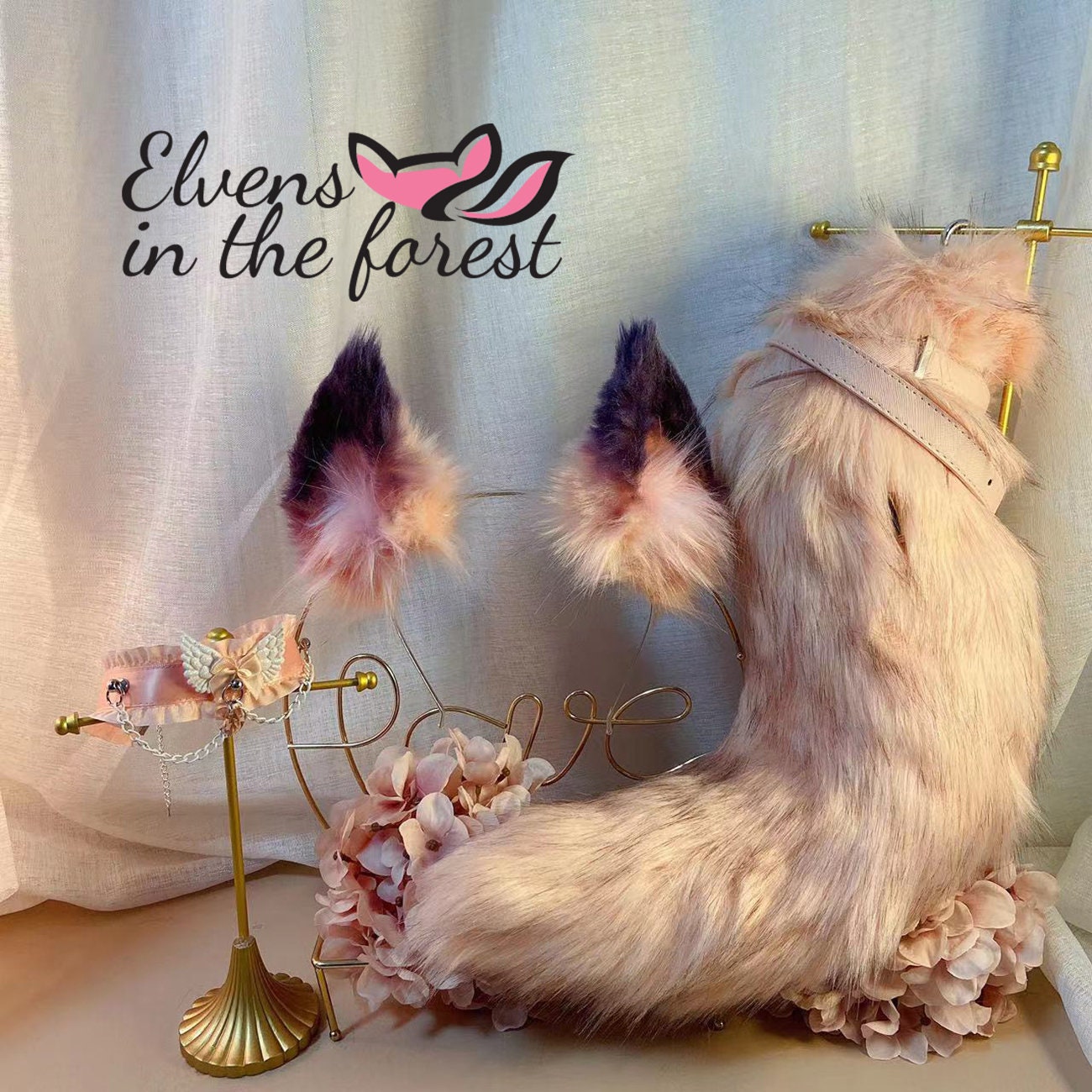 Peach Pink Fox Tail Fox Ears and Collar-cosplay-butt - Etsy