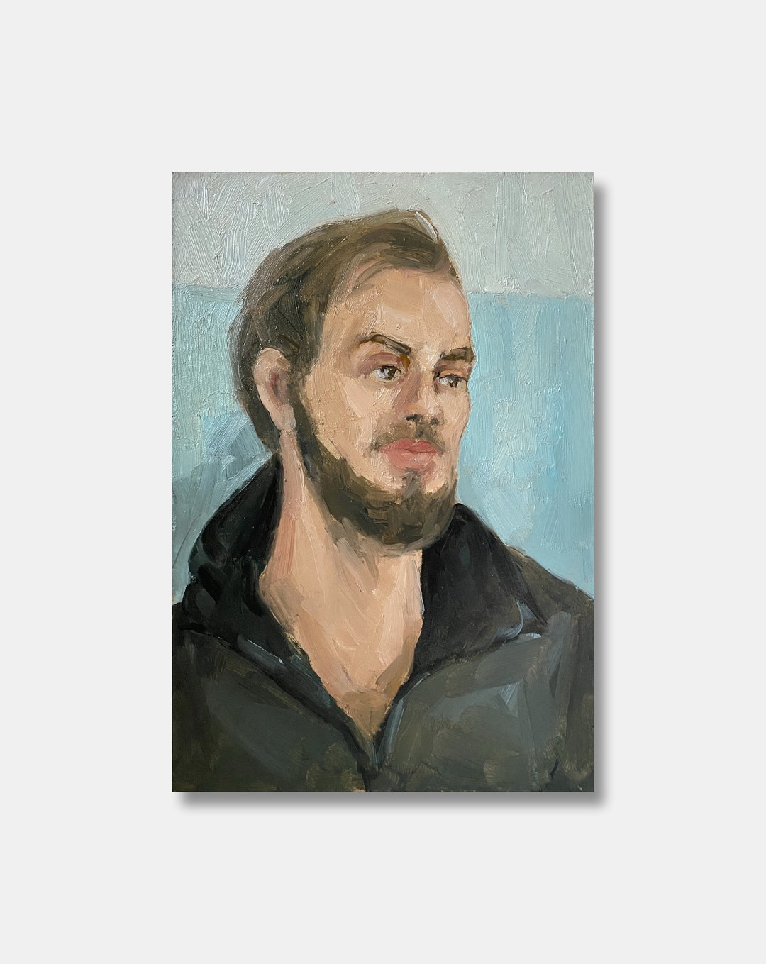 Vintage Male Portrait Oil Painting Pensive Man Wall Art Guy With Beard ...