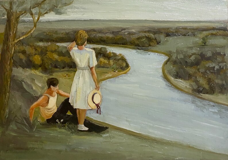 Couple Lovers Vintage Original Oil Painting Landscape Boyfriend Girl ...